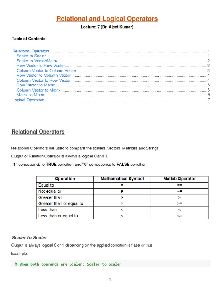Matlab Relational Logical Operators | PDF | Linear Algebra | Mathematics Matlab Relational Logical Operators | PDF | Linear Algebra | Mathematics