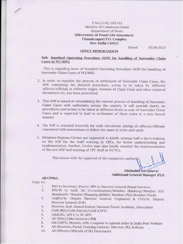 Standard Operating Procedure (SOP) for handling of Surrender Claim ...