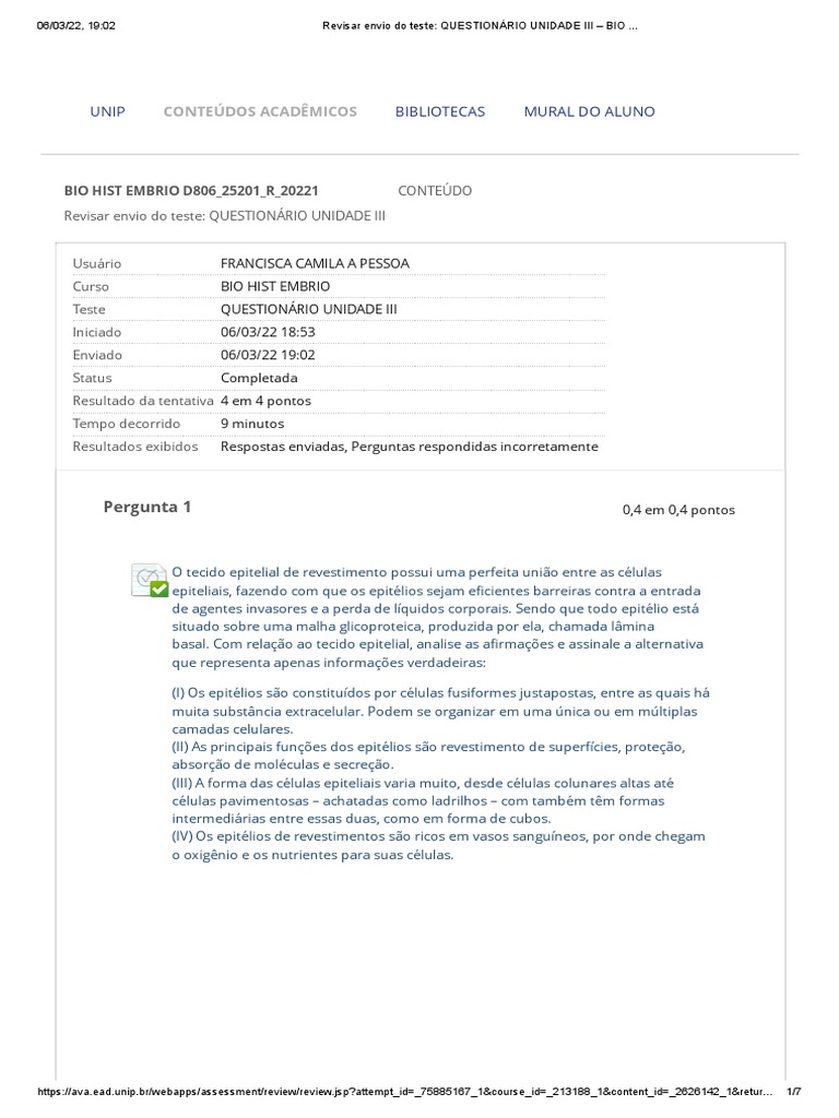 Questionario III - Bio, Hist e Embrio | PDF | Epitélio | Osso