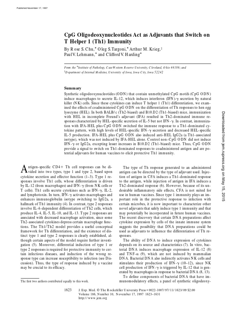CPG Actua Como Adyuvante en El Cambio de La Inmunidad Con Th1 1997 CHU, ROSE S. | PDF | T Helper ...