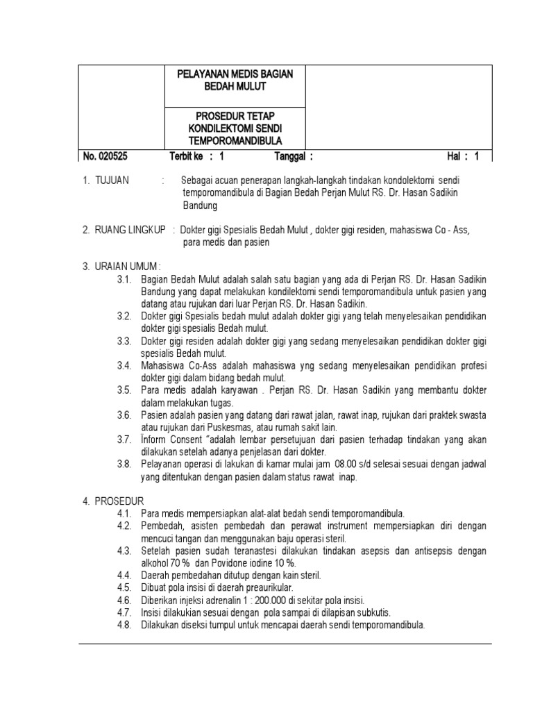 Draft Sop Kondilektomi TMJ | PDF