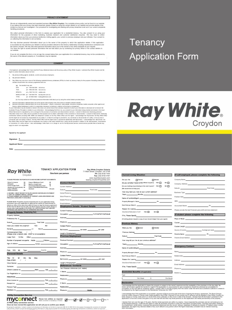 Ray White Croydon VIC - Tenancy Application Form | PDF | Lease ...