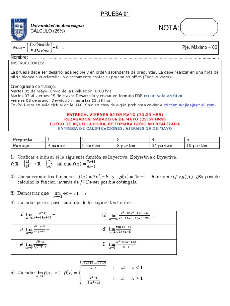 Prueba 01 | PDF | Matemáticas | Análisis matemático