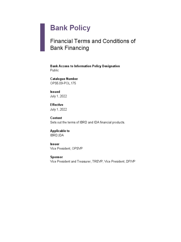 Bank Policy: Financial Terms and Conditions of Bank Financing | PDF