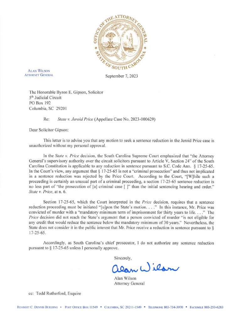 Attorney General Alan Wilson Letter To Solicitor Byron E. Gipson | PDF