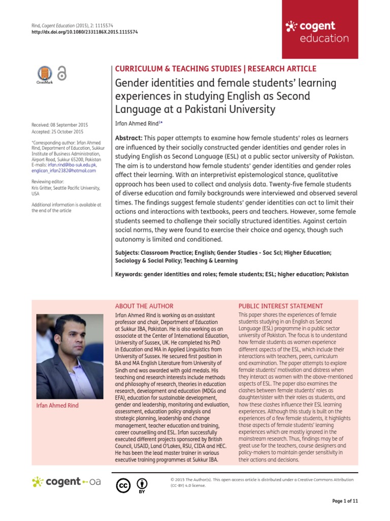 Gender Identities and Female Students' Learning Experiences in Studying English As Second ...