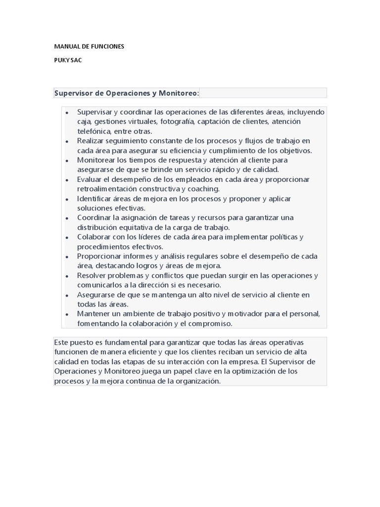 MANUAL DE FUNCIONES PUKY SAC | PDF | Business | Servicio al Cliente