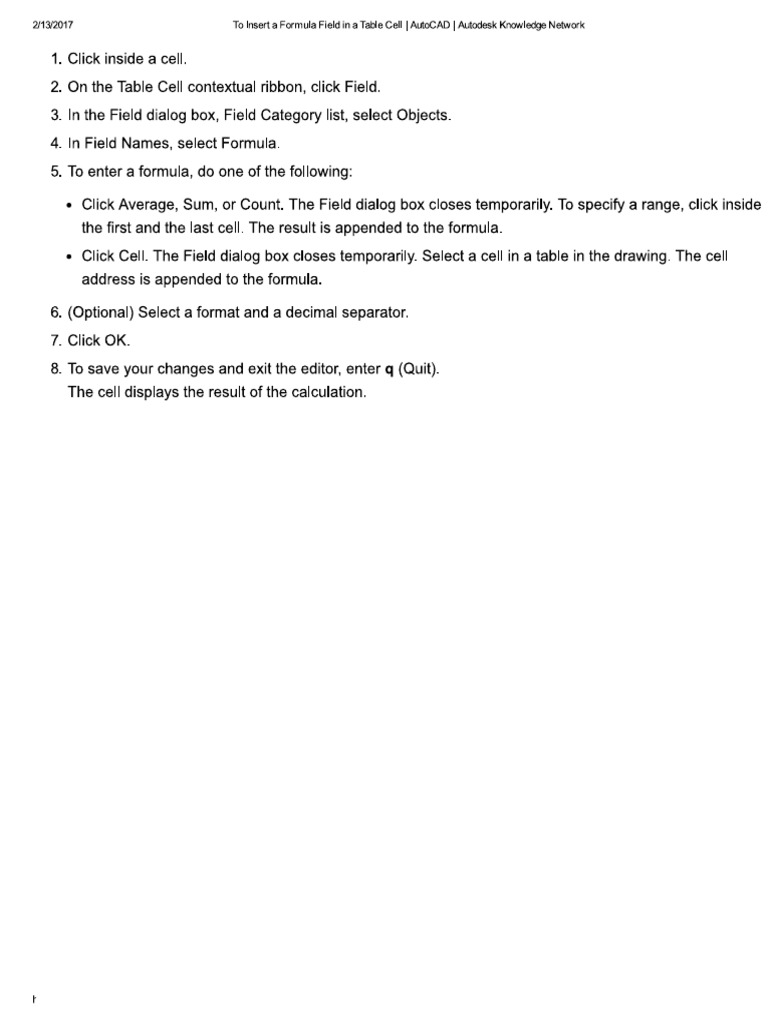 Create Formula at Autocad Table | PDF