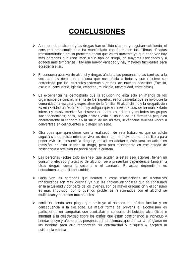 CONCLUSIONES de Alcoholismo y Drogadiccion | PDF | La dependencia de ...