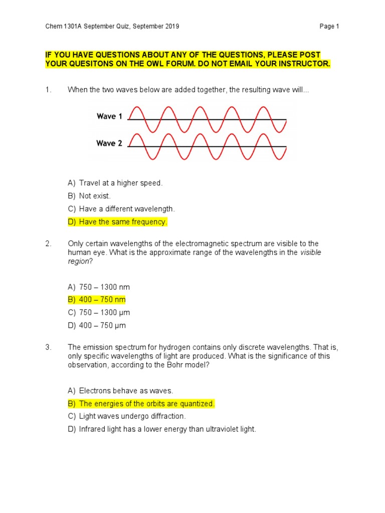 Chem 1301 - 2019 Quiz | PDF | Atomic Orbital | Electron Configuration