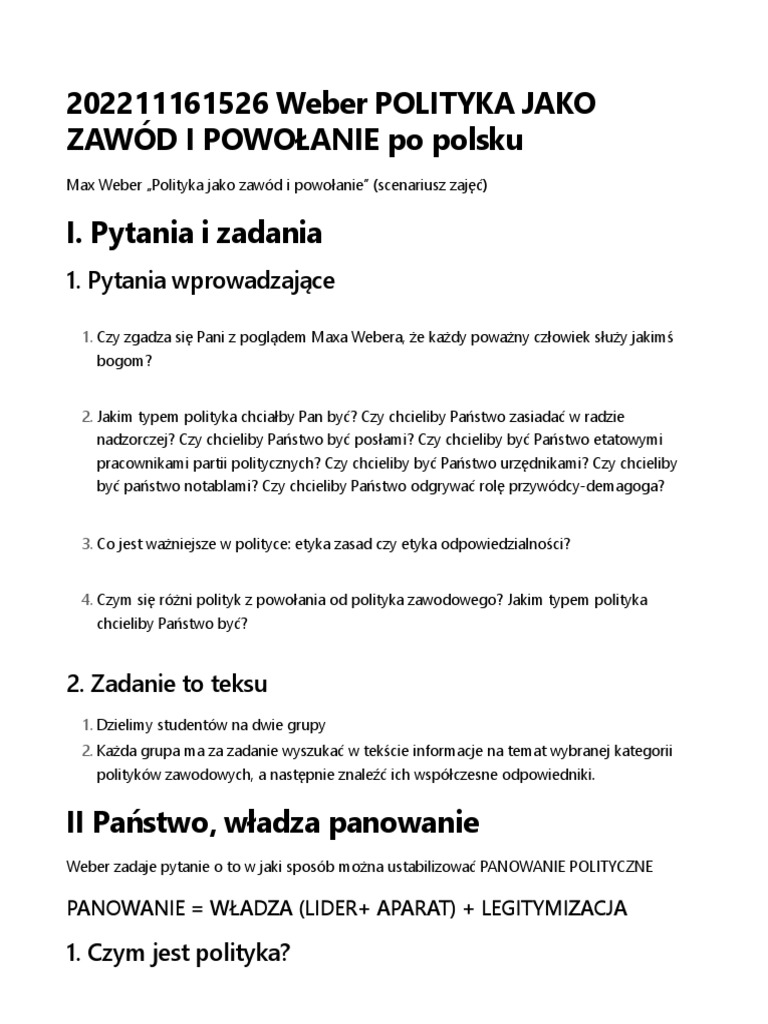 Weber POLITYKA JAKO ZAWÓD I POWOŁANIE Po Polsku | PDF