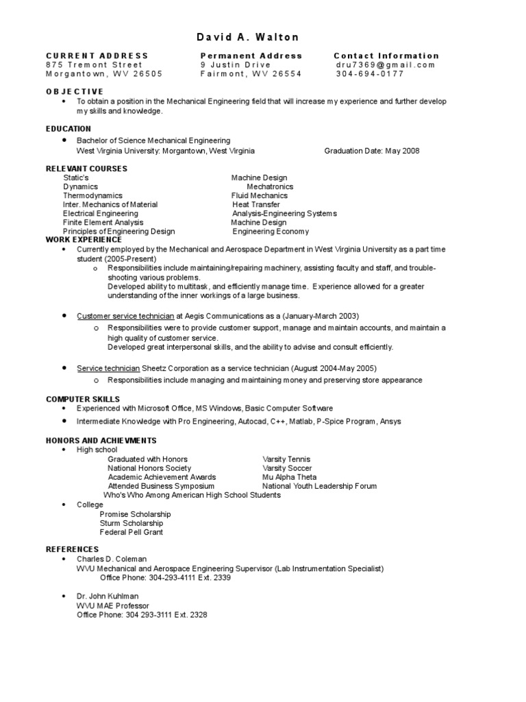 Mechanical Engineering Resume of David Walton | PDF | Mechanical Engineering | Engineering
