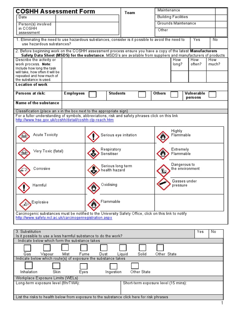 COSHH Assessment Form | PDF | Toxicity | Hazards COSHH Assessment Form | PDF | Toxicity | Hazards