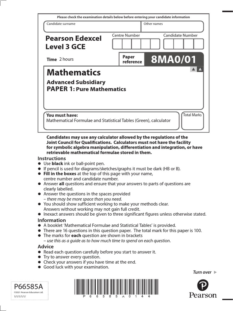 As Level Maths Edexcel NOV 21 Paper 1 QP | PDF | Mathematics | Mathematical Analysis