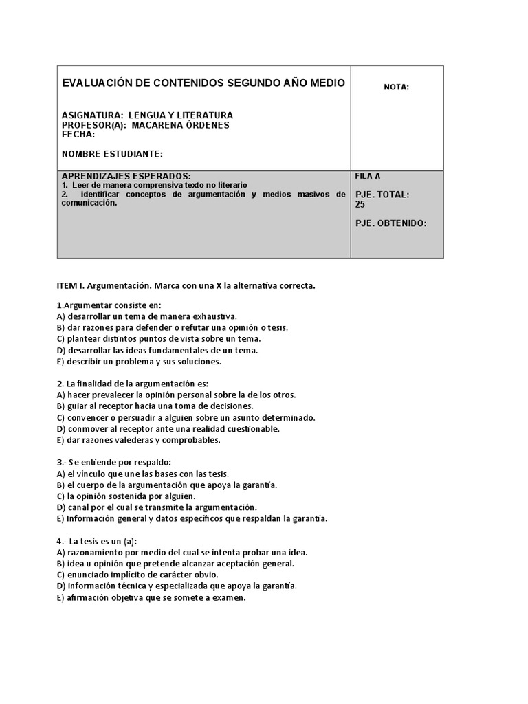 Prueba Contenidos Segundo Medio | PDF | Comunicación | Medios de ...