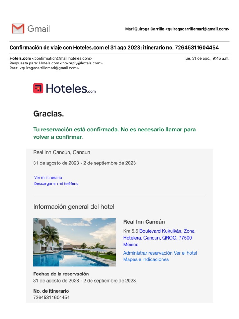 Confirmación de Viaje Con Hoteles - Com El 31 Ago 2023 Itinerario No. 72645311604 | PDF
