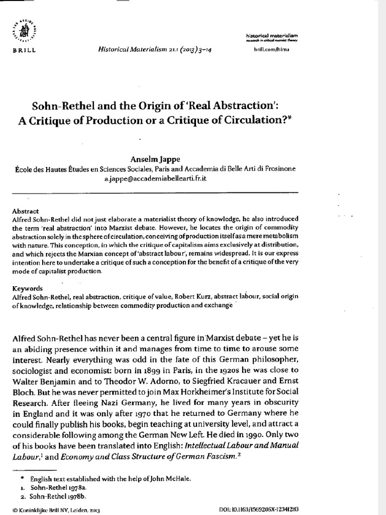 Anselm Jappe Sohn Rethel and The Origin of Real Abstraction | PDF ...