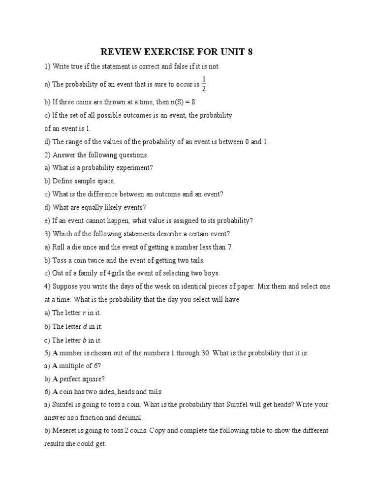 Review Exercise For Unit 8 | PDF | Probability | Mathematics