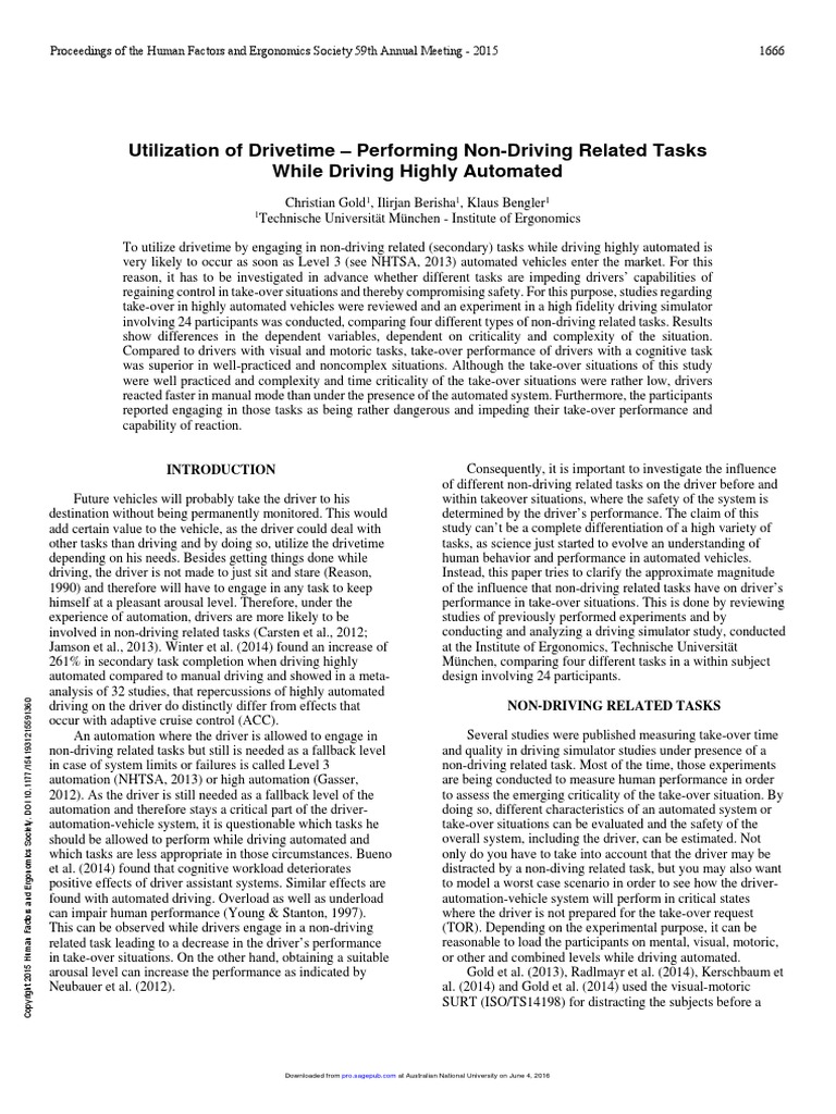 Utilization of Drivetime-Performing Non-Driving Related Tasks While ...