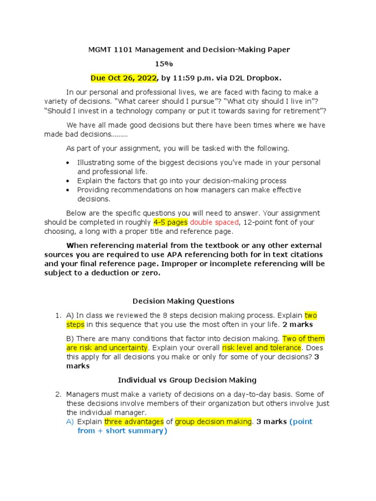 Bow Valley College Mgmt 1101 Management And Decision Making Paper