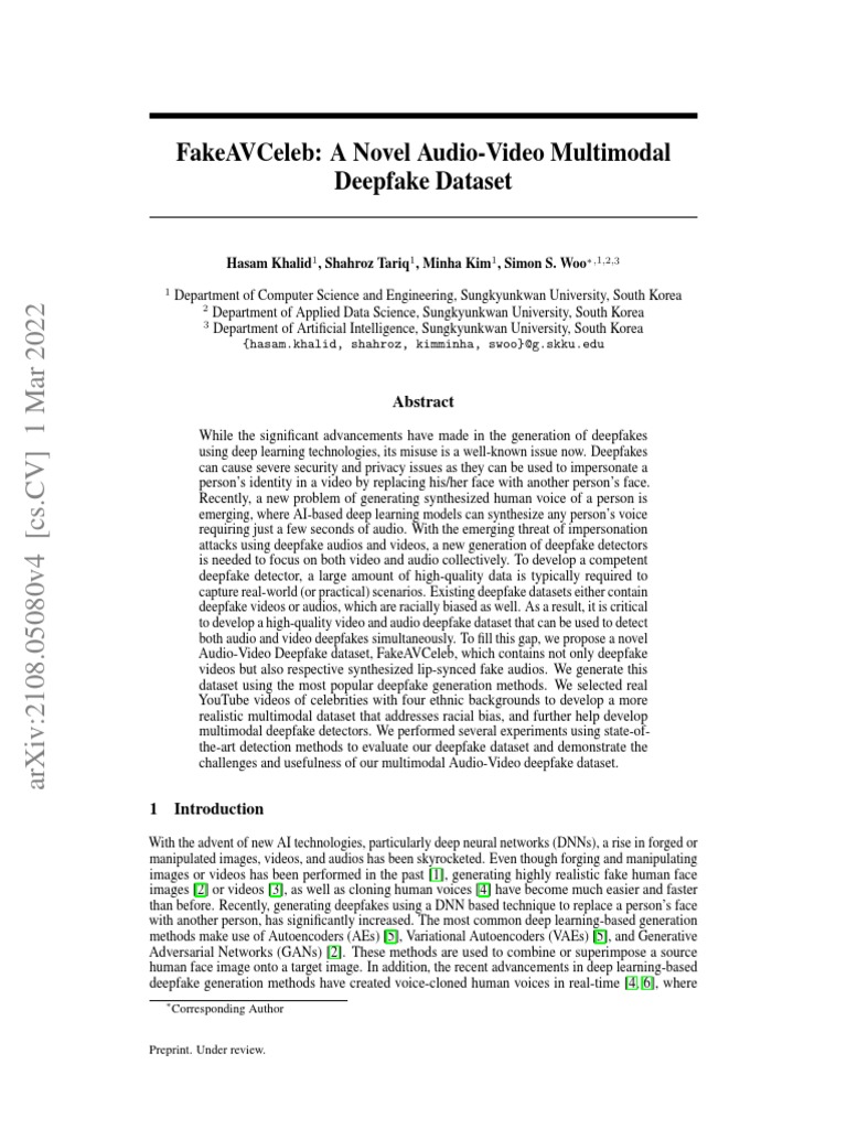 Fakeavceleb A Novel Audio Video Multimodal Deepfake Dataset Pdf