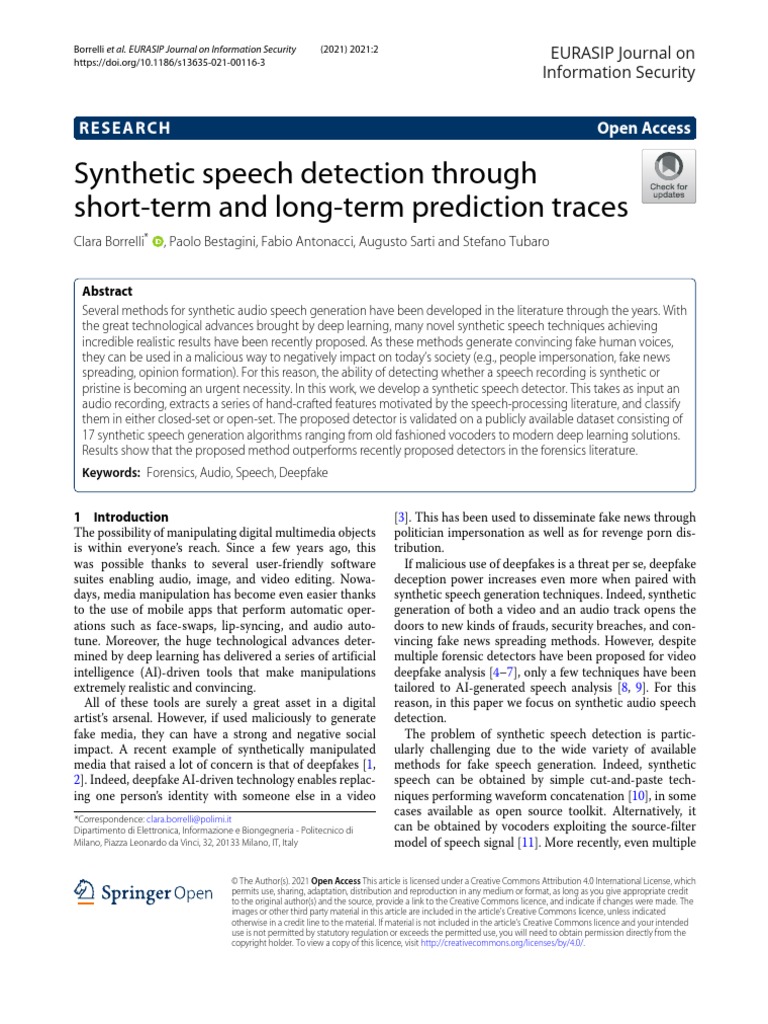 Synthetic Speech Detection Through Short Term and Long-Term Prediction Traces | PDF | Speech ...