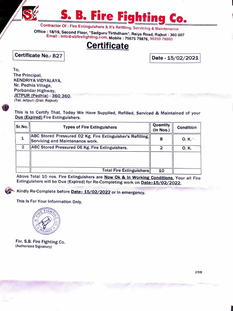 KVJTP - Fire - Safety Certi - 2021 | PDF | Manufactured Goods | Materials