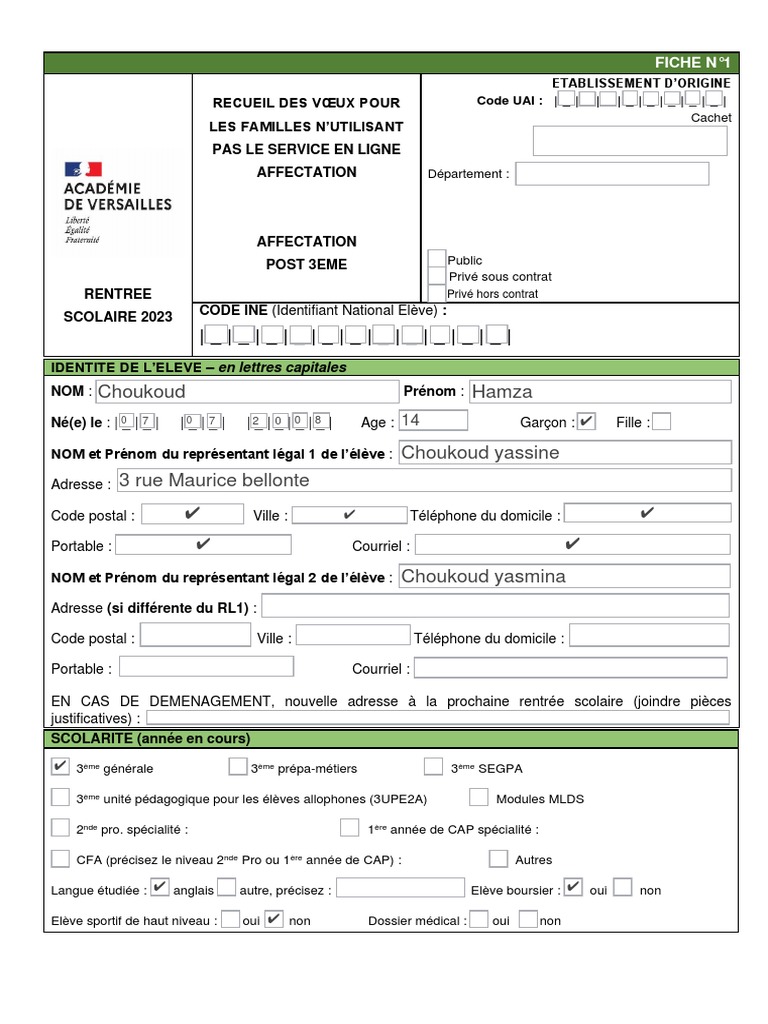 Fiche de Vœux d'Affectation Lycée 2023 | PDF