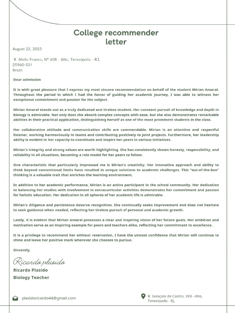 Letter of Recommendation Biology | PDF