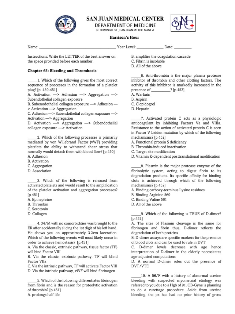 Harrison's Review - Chapter 65 Bleeding and Thrombosis | PDF ...