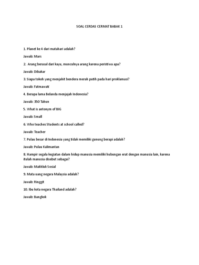Soal Cerdas Cermat Babak 1 | PDF | Perjalanan | Kajian Bahasa Asing