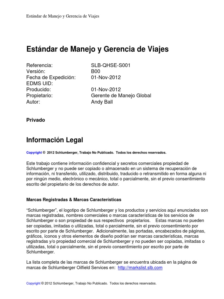 SLB-QHSE-S001 - Estandar de Gerencia de Viajes y Manejo | PDF ...