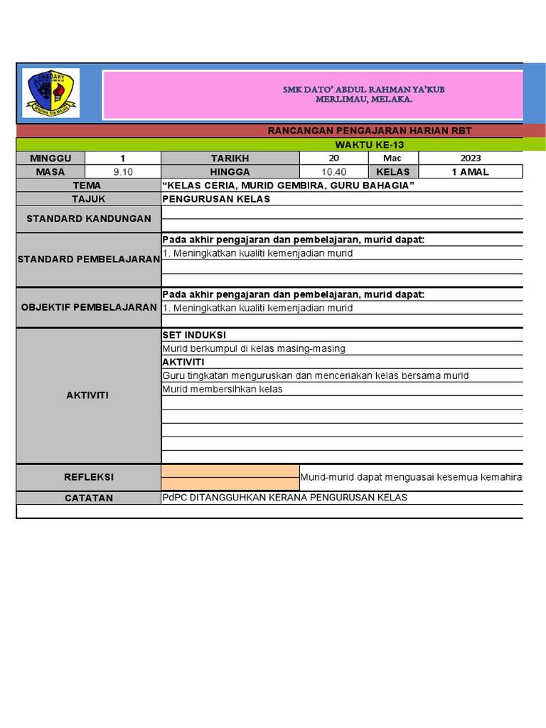 RPH RBT Tingkatan 1 | PDF