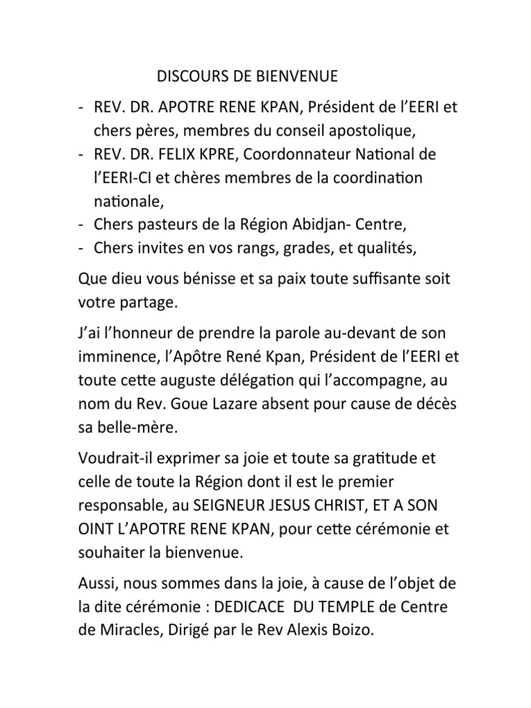 Discours de Bienvenue | PDF
