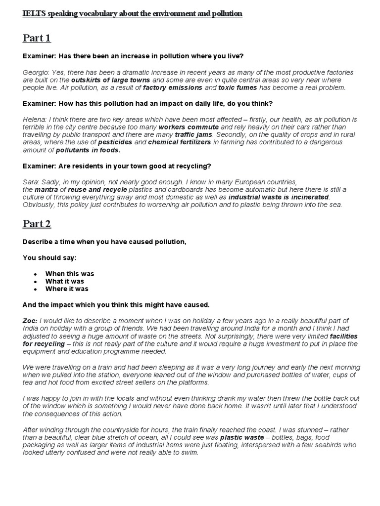IELTS Speaking Vocabulary About The Environment and Pollution | PDF ...
