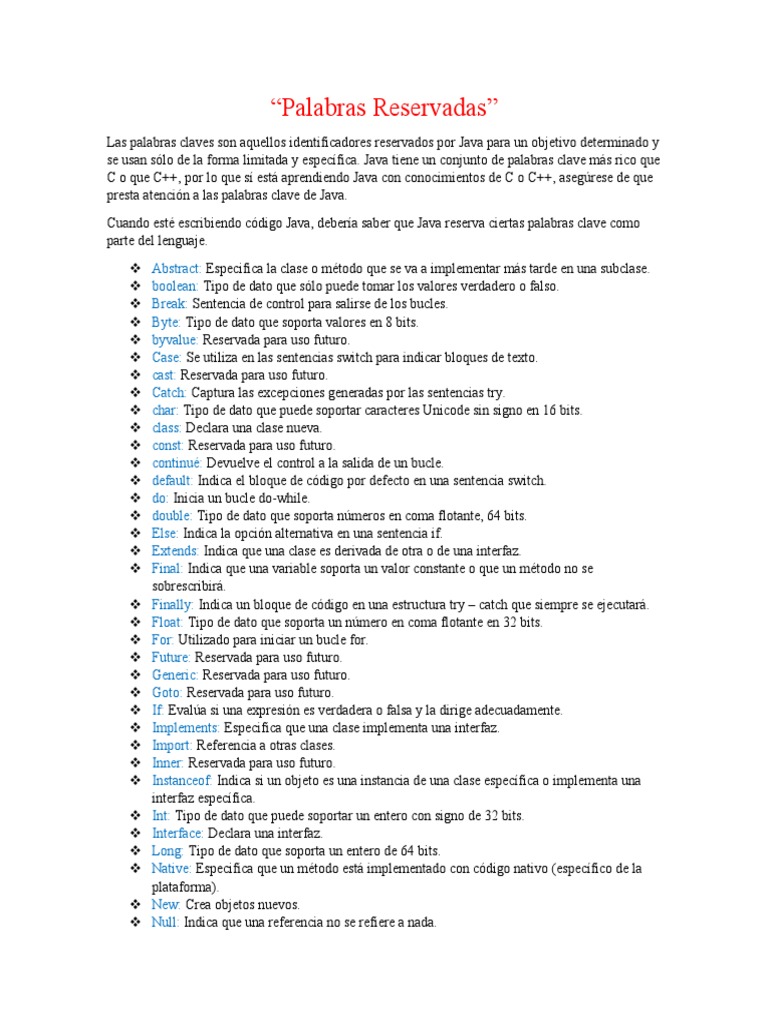 Palabras Reservadas | PDF | Java (lenguaje de programación) | Tipo de datos