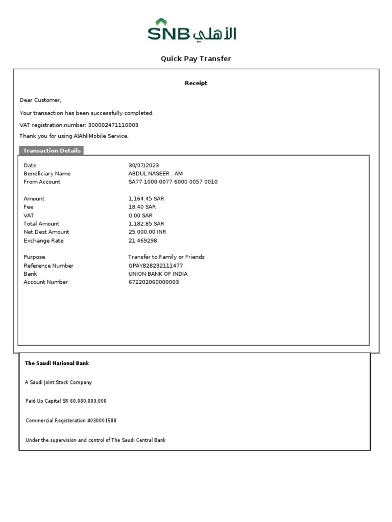 Union Bank Transfer Receipt: SAR to INR | PDF