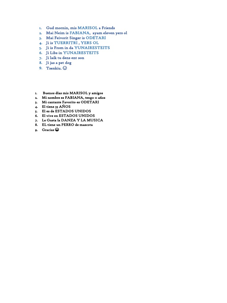 Marisol 2. Fabiana 3. Odetari 4. Tuerritri Yers Ol 5. Yunairesteits 6. Yunairesteits 7. 8 | PDF