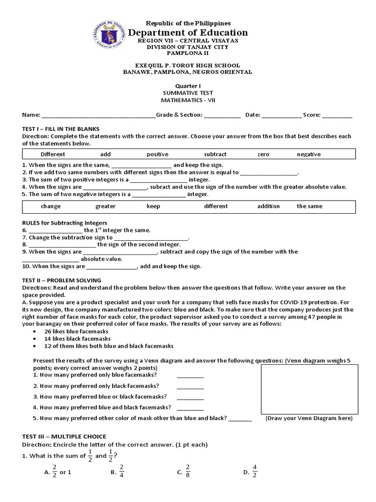 Quarter 1: Math 7 Summative | PDF | Numbers | Decimal