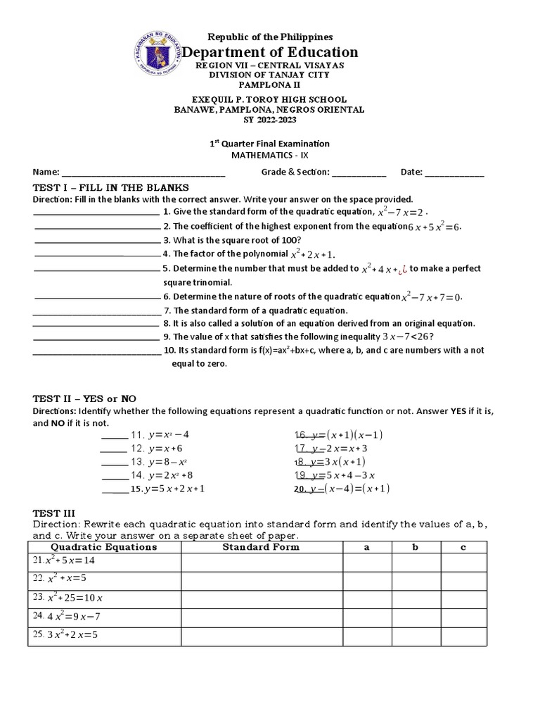Summative MATH 9-Q1 | PDF | Equations | Quadratic Equation