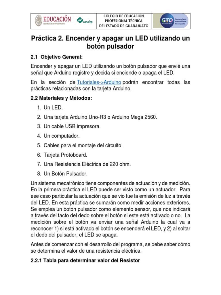 Práctica 2. Encender y Apagar Un LED Utilizando Un Botón Pulsador | PDF ...