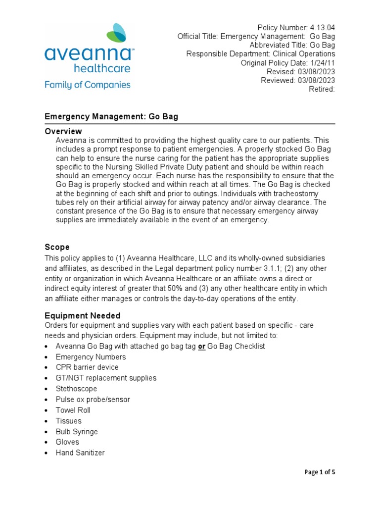 Emergency Management: Go Bag Policy | PDF | Health Care | Nursing
