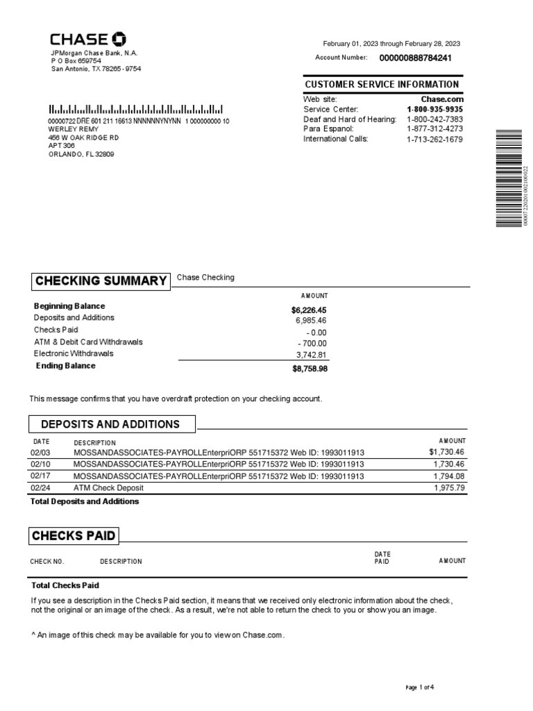 Chase Bank February | PDF | Cheque | Debit Card
