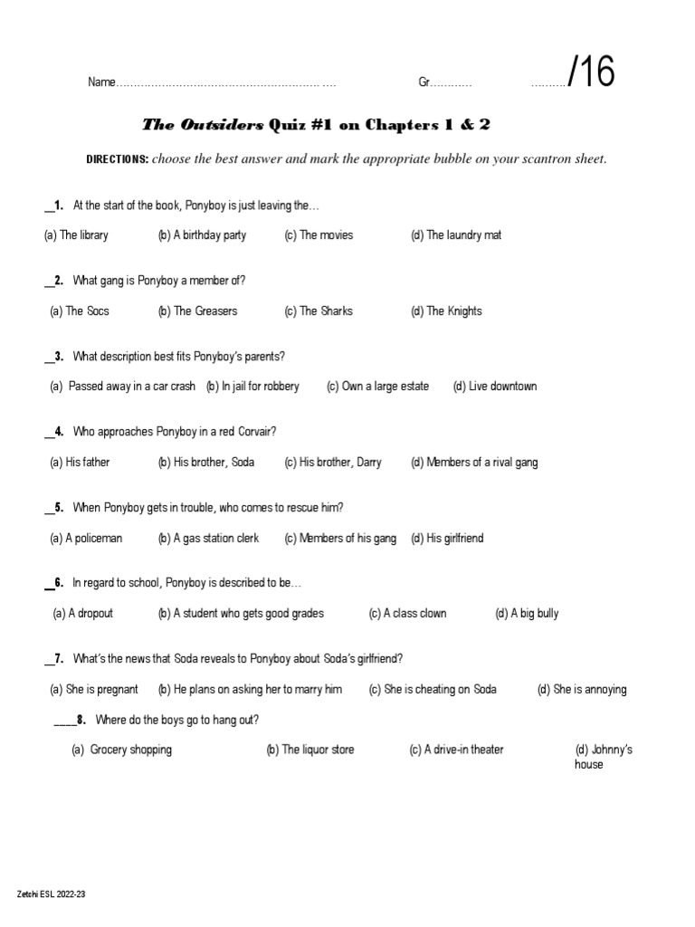 The Outsiders Quiz#1 | PDF