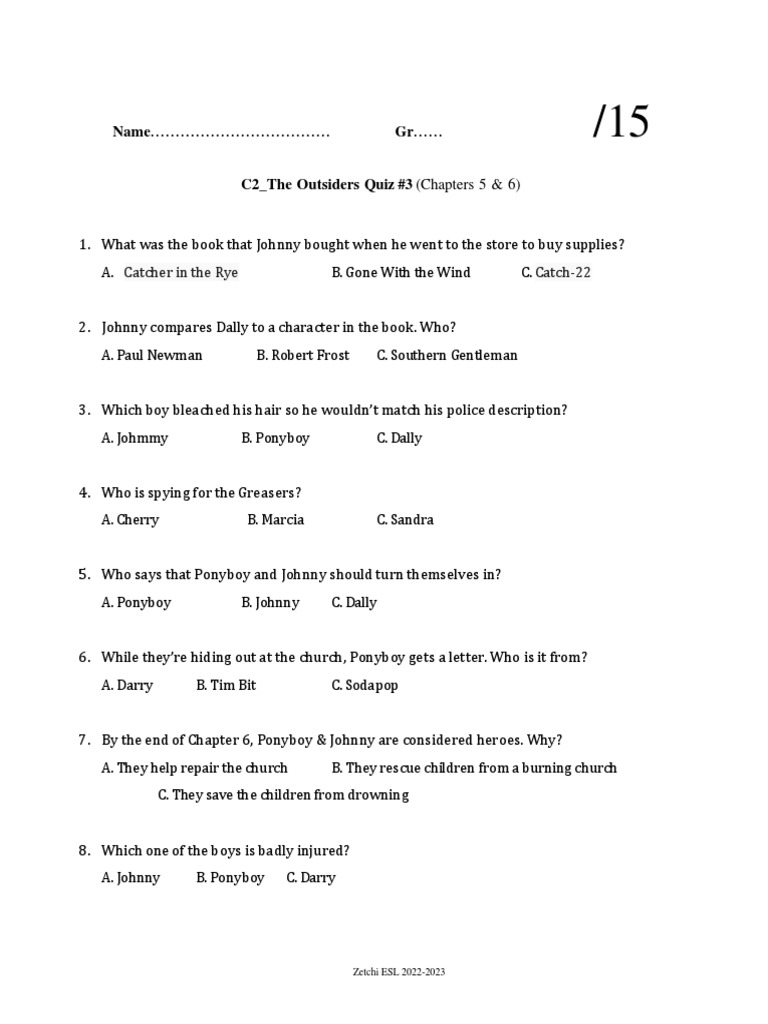 The Outsiders Quiz#3 | PDF