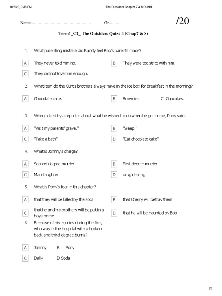 The Outsiders Quiz: Chapters 7 & 8 | PDF