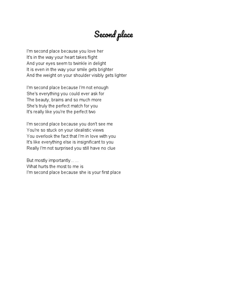 Second Place in Love: A Heartfelt Poem | PDF