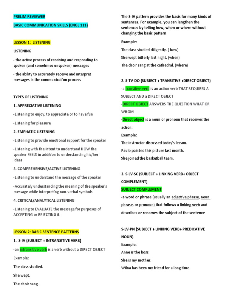 Prelim Reviewer Engl 111 | PDF | Verb | Grammatical Tense