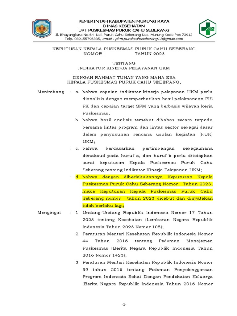 SK Kapus Tentang Indikator Kinerja Pelayanan UKM - PKM PCS 2023 PDF | PDF | Kesehatan Holistik ...