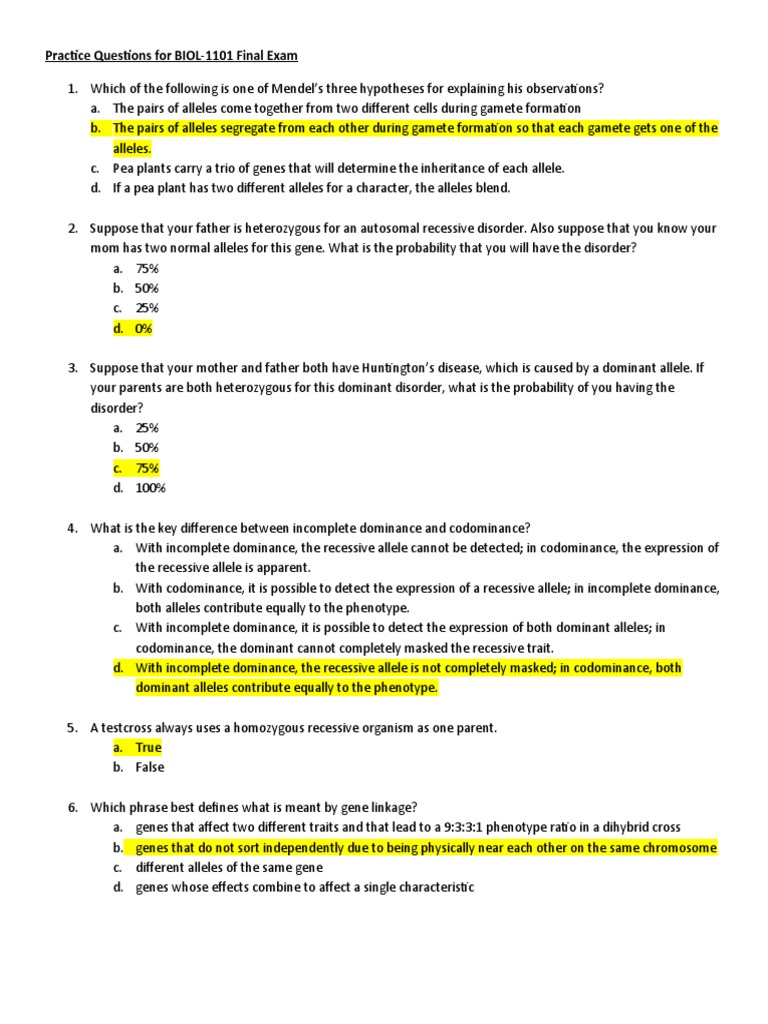 Bio Practice Questions For Final Exam Biol 1101 | PDF | Dominance ...